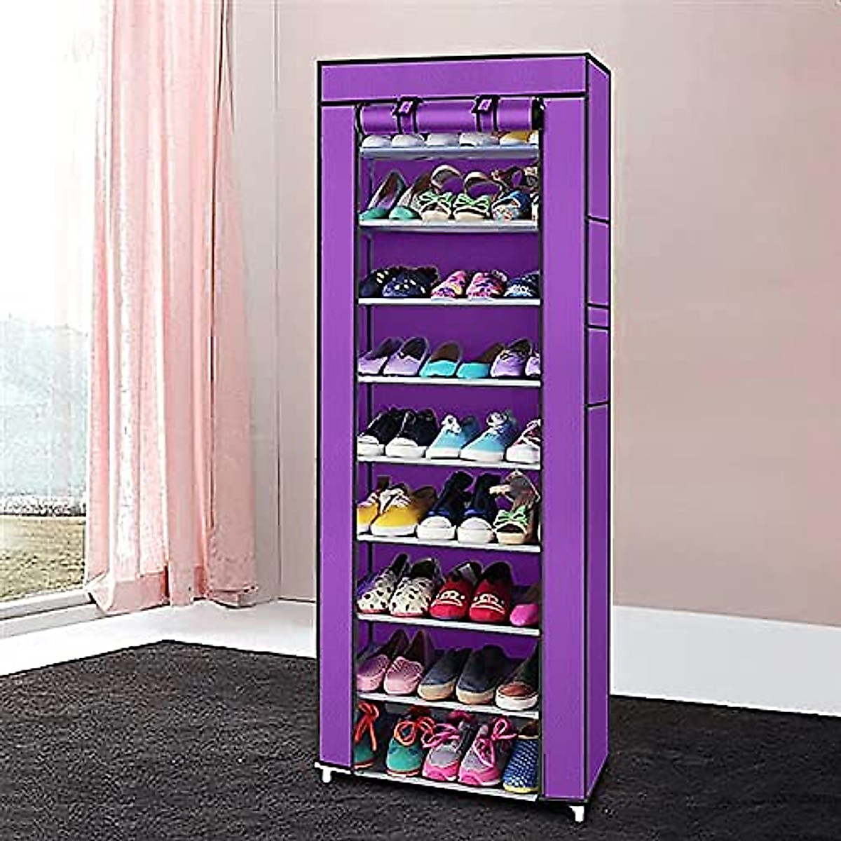 Mekek Shoe Rack Closet, Non-Woven 9 Tier Shoe Rack Shoe Shelf Storage Closet Organizer Cabinet (Purple)