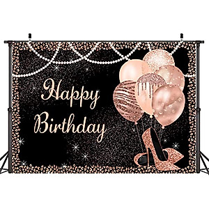 Wollmix Rose Gold Happy Birthday Decorations for Women Banner Backdrop 7x5ft Party Sweet 16 Girls Balloons Glitter Dots High Heels Photography Background Supplies Photo Booth Studio Cake Table