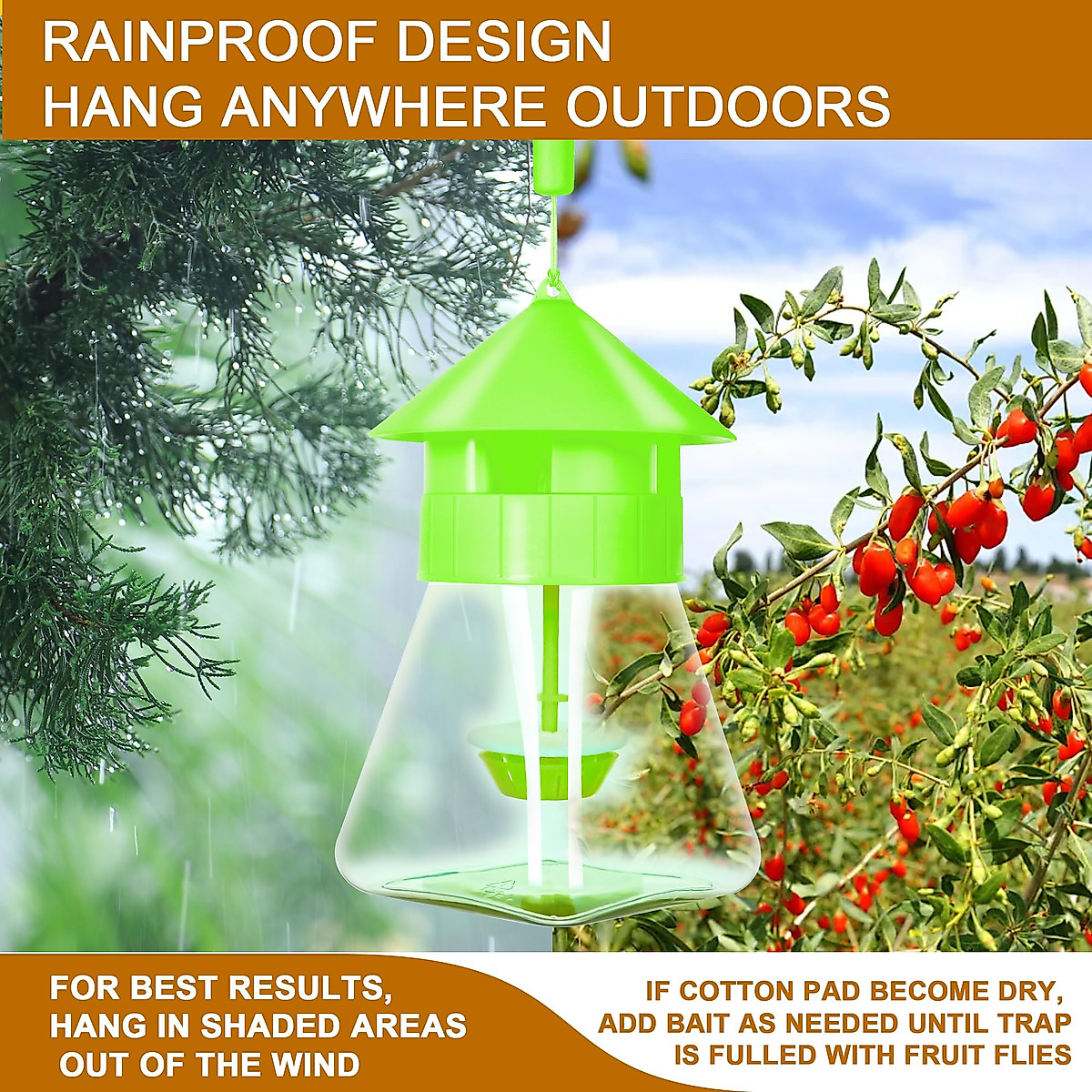 Moskiller Outdoor Fruit Trees and Melon Vines Fly Traps with Natural Fruit Fly Bait Refill,Reusable Fruit Flies Trap Jar for Fruit and Vegetable Garden (Green)