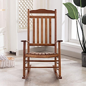BplusZ Patio Rocking Chair Outdoor Furniture Comfy Rocker for Adults Porch Lawn Room Indoor Wooden Brown