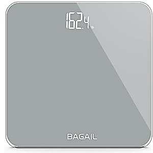 BAGAIL BASICS Bathroom Scale, Digital Weighing Scale with High Precision Sensors and Tempered Glass, Ultra Slim, Step-on Technology, Shine-Through Display - 15Yr Guarantee Grey