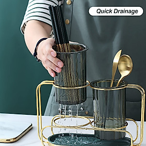 WORTHBUY Silverware Organizer Flatware Utensil Caddy Stainless Steel Kitchen Utensil Holder Cutlery Holder with DrainTray for Kitchen Countertop 2 Compartments(Gold)