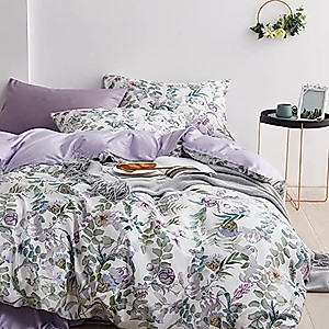 Purple Duvet Cover Set Floral Garden Style King 3 Pieces Bedding Set, Ultra Soft Green Leaves Botanical Flowers Pattern Lavender Reversible Farmhouse 1 Comforter Cover + 2 Pillowshams(No Comforter)