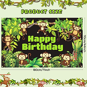 Monkey Jungle Safari Birthday Banner Decorations Cute Monkeys Theme Birthday Backdrop for Boy Girl Kid Forest Green Leaves Photography Background for Birthday Baby Shower Wild Party Supplies 71x44Inch