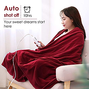 Electric Heated Blanket Twin Size 62'' x 84'' Super Cozy Soft Fleece Fast Heating & ETL Certification with 10 Hours Auto-Off & 4 Heating Levels - Red Wine