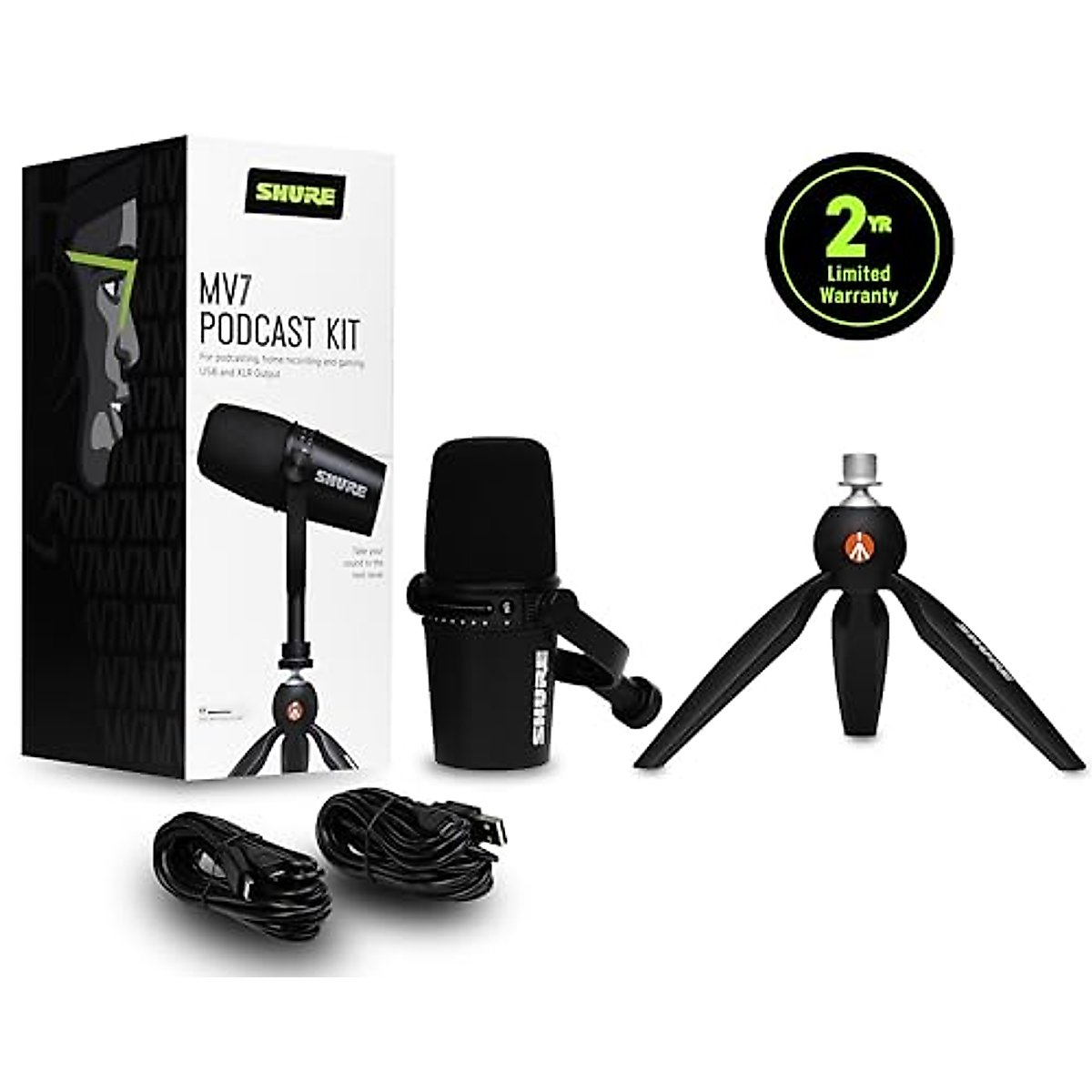 Shure MV7 USB Microphone with Tripod, for Podcasting, Recording, Streaming & Gaming, Built-in Headphone Output, All Metal USB/XLR Dynamic Mic, Voice-Isolating Technology, TeamSpeak Certified - Black