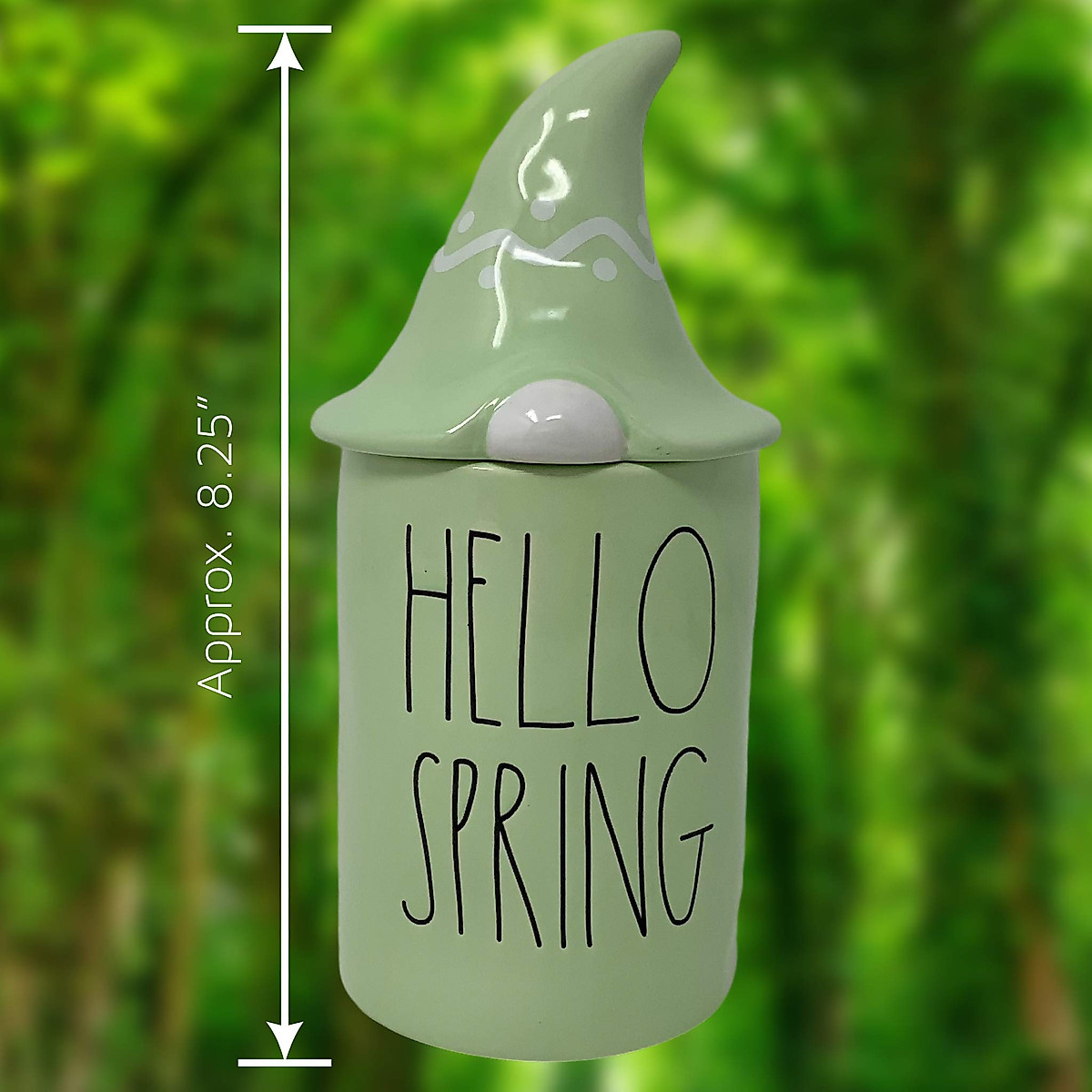 RAE Dunn Green Garden Mint Scented Candle "Hello Spring" Spelled with Rae Dunn Style Using LL Font - Super Cute Gnome Hat Lid - Add This Candle to Your Rae Dunn Collection and Home Kitchen Décor