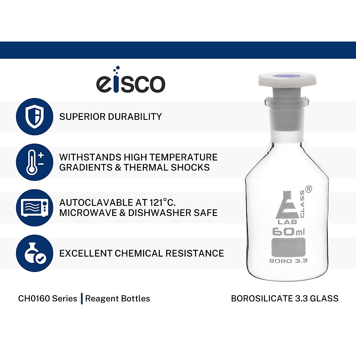 EISCO 250mL (8.4oz) Glass Reagent Bottle with Acid Proof Polypropylene Stopper, Borosilicate 3.3 Glass Labs