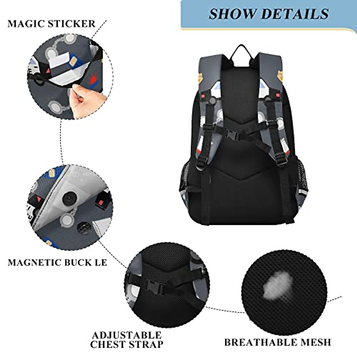 Glaphy Police Car Pattern Backpack School Bag Lightweight Laptop Backpack Student Travel Daypack with Reflective Stripes