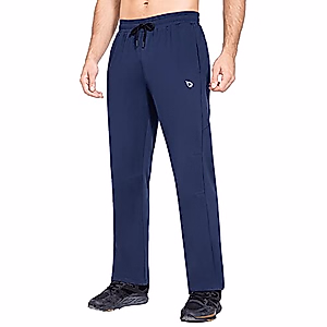 BALEAF Men's Fleece Lined Pants Winter Athletic Workout Hiking Track Thermal Warm Open Bottom Sweatpants with Zipper Pockets Blue 2XL