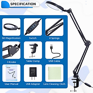 YOCTOSUN Magnifying Glass with Light and Stand, 5 Inch K9 Optical Glass Lens,3 Color Modes Stepless Dimmable, Adjustable Swivel Arm Lighted Magnifier Lamp for Reading, Painting,Crafts,Close Work