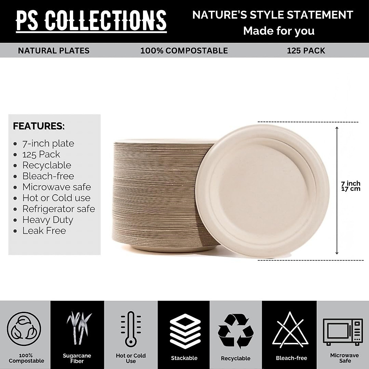 COMPOSTABLE 7 inch [125 pack] PLATES Biodegradable Disposable Party Plates for Weddings, Birthday, Picnic, Camping, Household, Kids, Corporate and more