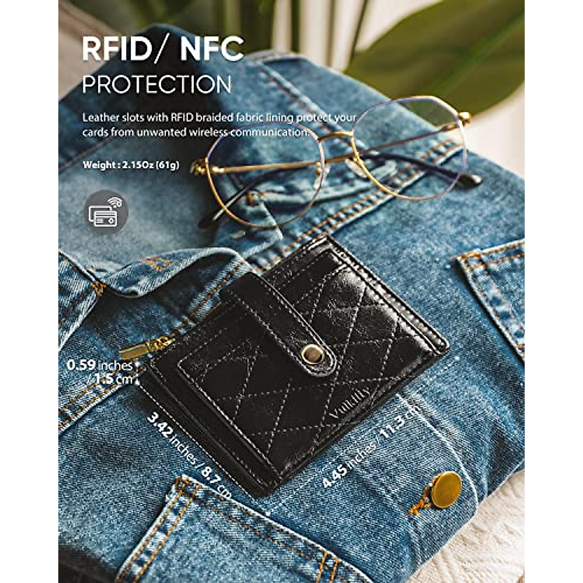 Vulkitty Slim Wallet for Women Minimalsit Bifold Leather Purse RFID Blocking Small Credit Card Wallet with Zipper Pocket(Black)