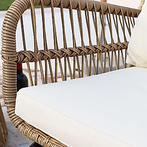 NICESOUL® 3 Pcs Boho Outdoor Small Patio Furniture Chair Set with Beige Cushion and Round Glass Table Side Table Natural Color Wicker Conversation Chair Set Bistro Set for Garden Balcony Deck Porch