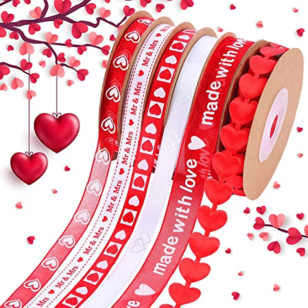 Zhanmai 6 Pieces Valentine's Day Ribbons Printed Heart Wired Ribbons Craft Satin Ribbons for Gift Wrapping DIY Supplies