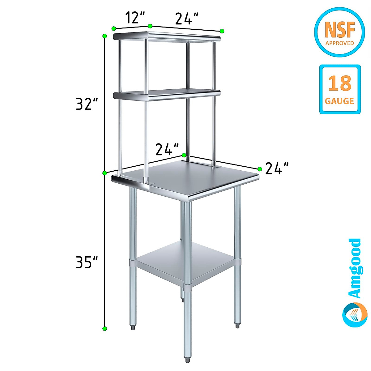 AmGood 24" x 24" Stainless Steel Work Table with 12" Wide Double Tier Overshelf | Metal Kitchen Prep Table & Shelving Combo