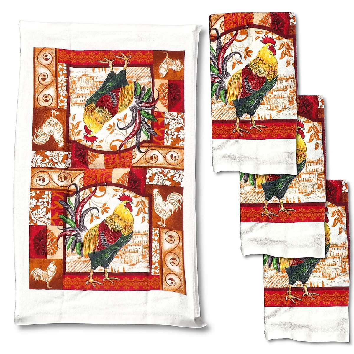 Lobyn Value Packs 4 Pack Absorbent Lightweight Kitchen Dish Towels 15x25 Cotton Poly (Red Rooster)