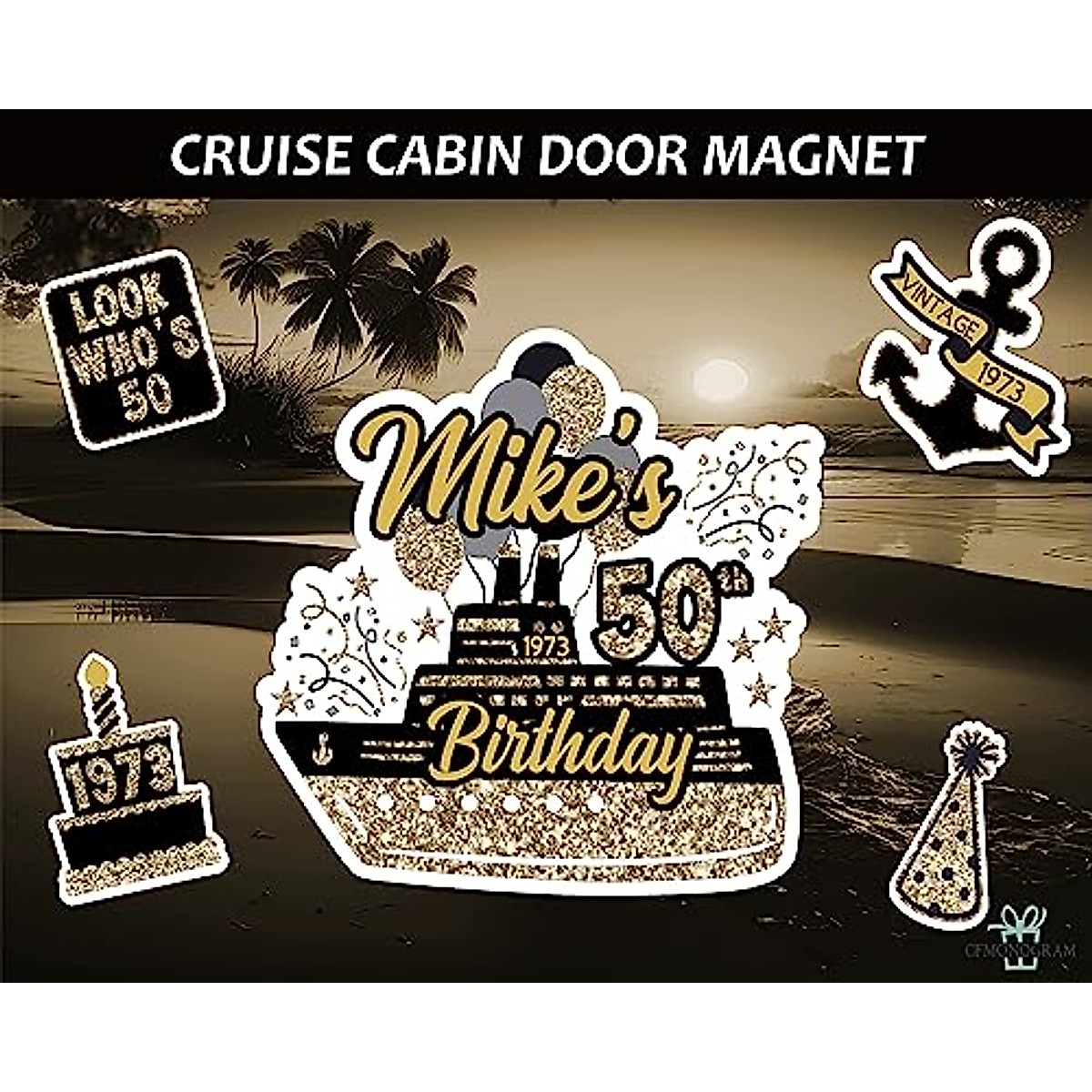 CFMONOGRAM Happy Birthday Cruise Door Decoration Magnetic - 50th Birthday Cruise Door Decorations Magnetic, Decorative Themed Stateroom signs, Fun Happy Birthday Ship Cabin sign (Gold Glitter)