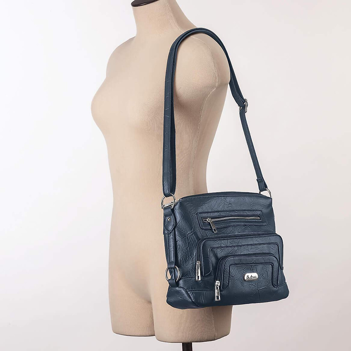 B.AmiciTM Margot Westhampton Organizer Hobo, Leather Exterior, Built-In Wallet Pocket, Over The Shoulder/Crossbody Bag, Women’s, Gray Design – Measures 12" Wide x 9" High x 3" Deep