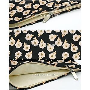 MOMOJULI Corduroy Makeup Bag Cosmestic Bag Large Capacity Ladies Women Aesthetic Make Up Organizer Accessories Zipper Pouch Purse （Beige+Black Flowers）