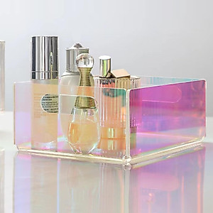 YESBAY Iridescent Acrylic Storage Box with Handle Acrylic Tray Vanity Organizer Case Hollow Multi-Functional Desktop Makeup Tray Basket Organizer Tissue Holder for Bathroom Countertop Bedroom C