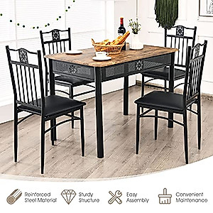 Tangkula 5 Pieces Dining Table and Chairs Set, Vintage Retro Wood Top Metal Frame Padded Seat Dining Table Set Home Kitchen Dining Room Furniture