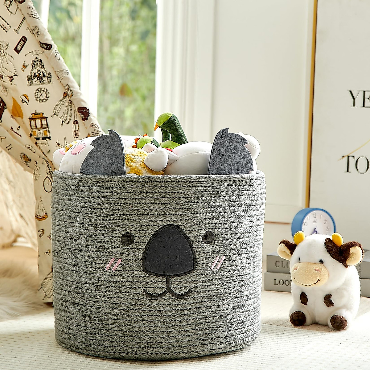 OMERAI Animal Baskets Cotton Rope Storage Basket Woven Toy Basket Large Basket for Blankets Cute Koala Basket with Handles Foldable Animal Laundry Basket Nursery Basket Organizer, 15"D x 12.6"H (Grey)