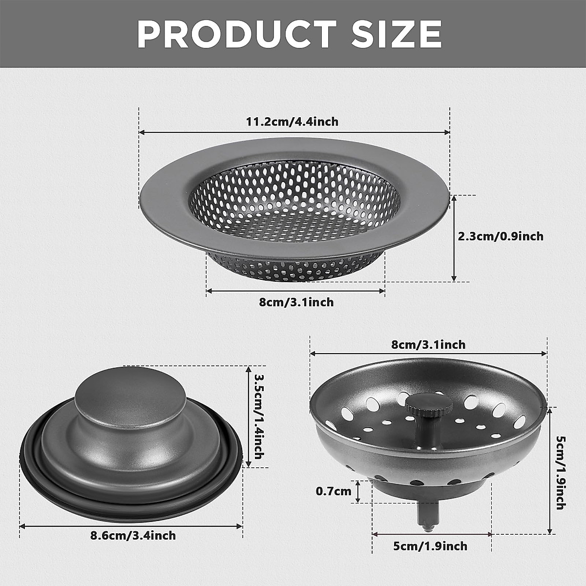 Mudder 3 Pcs Kitchen Sink Drain Strainer and Stopper Stainless Steel Garbage Disposal Plug with Handle Universal Anti-Clogging Kitchen Sink Filter Sieve Basket Strainer(Graphite Gray)