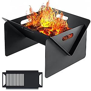 Adreak 18 inch Fire Pit, Outdoor Portable Firepit with BBQ Tray, Detachable Camping Steel Fire Pits for Backyard, Patio, Picnic, Bonfire, Garden (Black-Small)