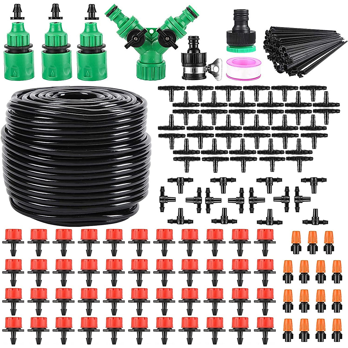 Drip Irrigation Kit,164FT 200 Pcs Garden Irrigation System 1/4" Blank Distribution Tubing Watering Drip Kit Automatic Irrigation Equipment for Garden Greenhouse, Flower Bed,Patio,Lawn (Green)