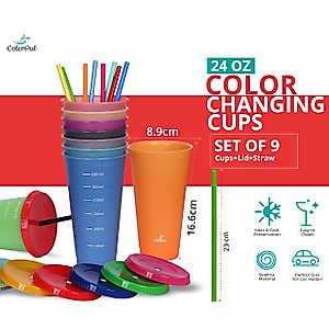 COLORPUL 24oz Plastic Tumblers - 9 Pack Color Changing Cups With Lids and Straws - Reusable Smoothie Cups for Kids