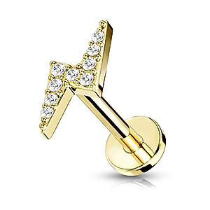 Pierced Owl 16G Stainless Steel Internally Threaded CZ Crystal Paved Lightning Bolt Top Flat Back Lip Cartilage Stud (Gold Tone, Bar Length: 6mm)