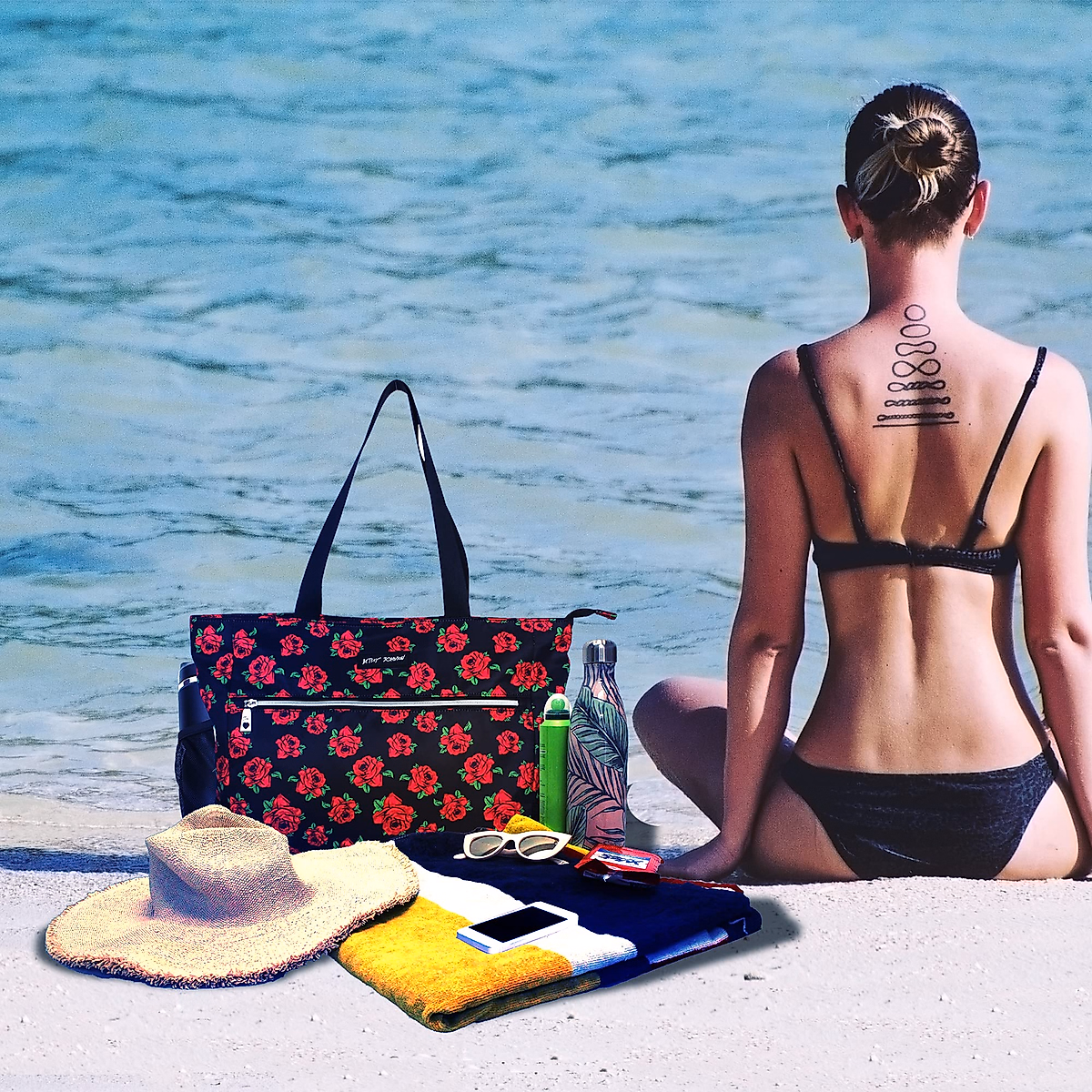 Betsey Johnson 15.6 Inch Zipper Beach Tote Bag Lightweight Large Durable Polyester with Mesh Side Pockets for Gym Work, Covered Rose