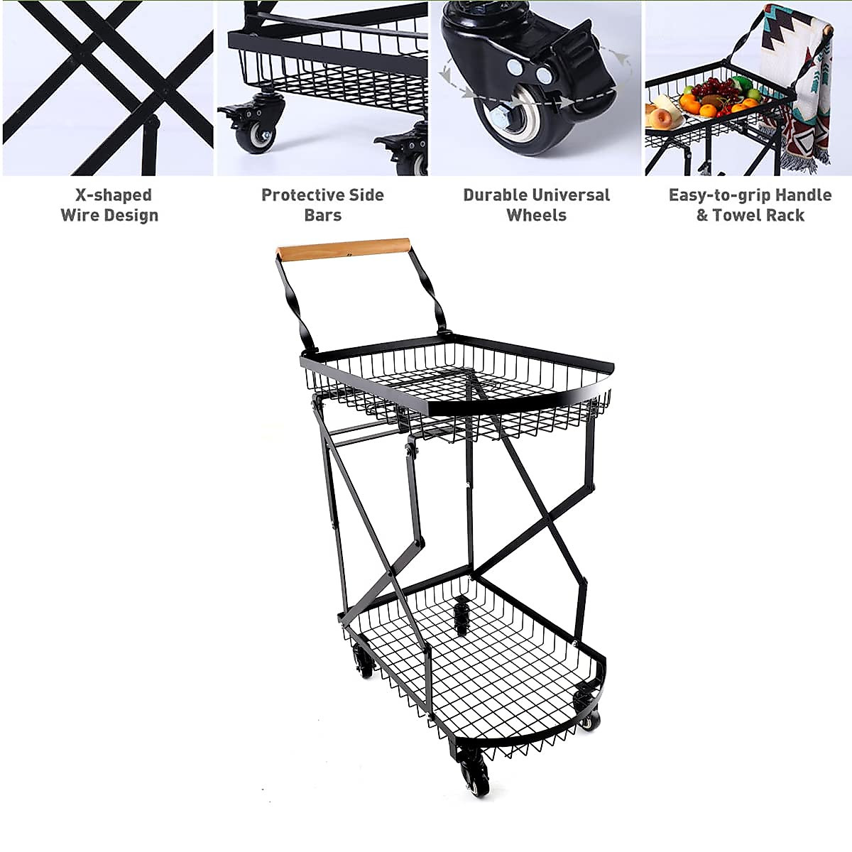 CYJZWOH Multi Use Functional Collapsible Carts, 2-Tier Metal Mobile Folding Trolley Shopping Cart, with Wooden Handle, Lockable Wheels for Office, Living Room, Kitchen, Picnic(Black)