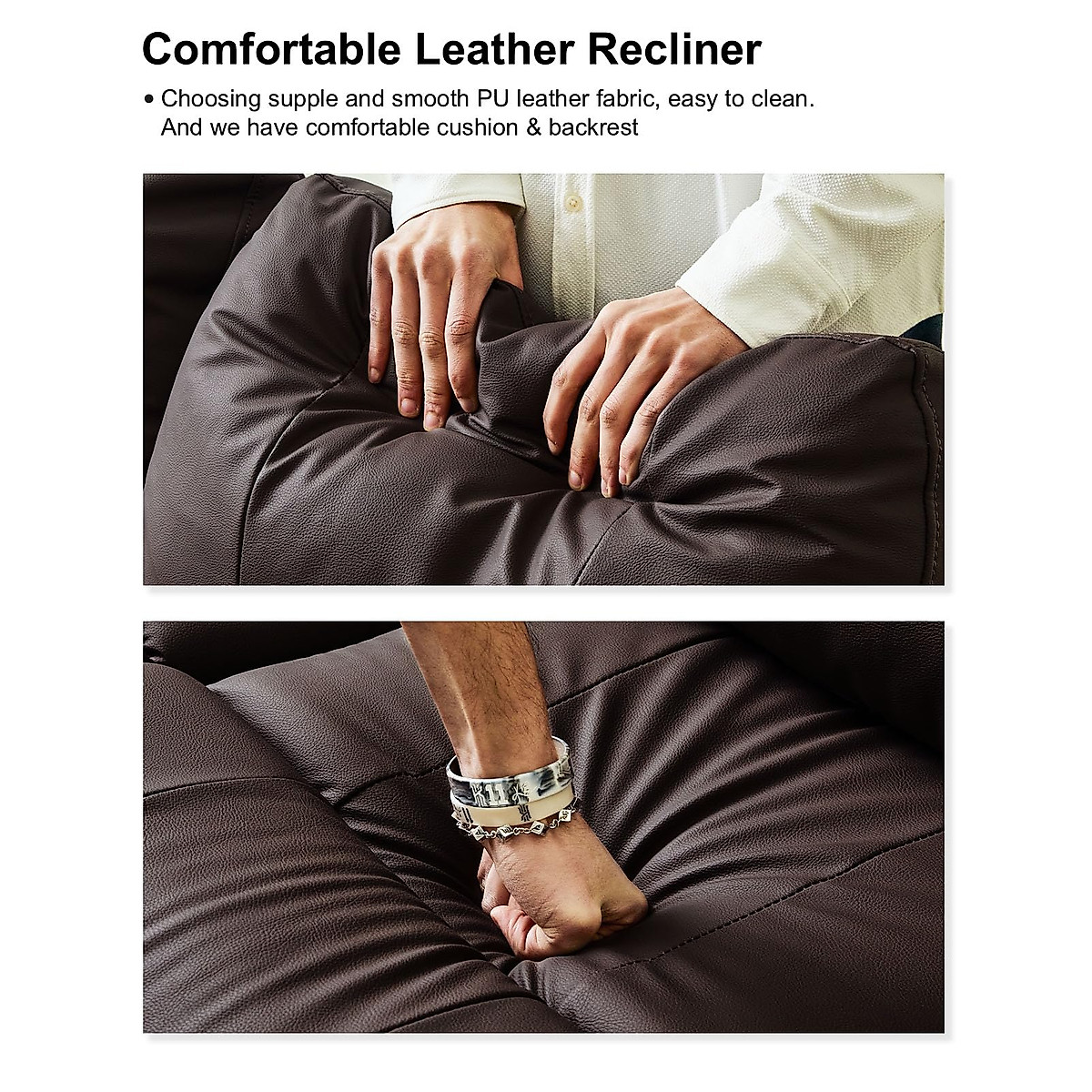 Belffin Brown Leather Recliner Sofa 4-Seater. Office Couch with Recliner, Overstuffed Headrest and Armrest Comfy Recliner Sofa for Living Room.