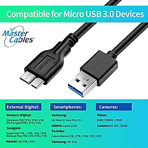 Master Cables USB Cable Compatible with Lacie Hard Drive Replacement USB 3.0 Type A to Micro USB B Cable