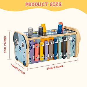kogabanny Wooden Hammering Toy, Educational Pegs Pound Maze Puzzle Number Sorter Musical Toy with Xylophone, Hammers, Mallets, for Kids