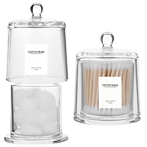 rejomiik 2 Pack Qtip Holder Thick Glass Apothecary Jars with Lid for Bathroom Accessories Vanity Organizers and Makeup Storage for Cotton Ball, Swabs, Makeup Sponges, Candy, Jewelry, Clear