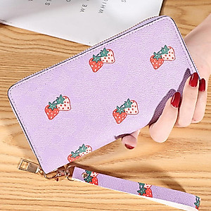 ZHAOCC Ladies Wallet, Ladies Compact Clutch Mini Wallet Women s Cute Strawberry Print Wallet Long Handbag Wild Zipper Clutch Bag Multi-Card Wallet (Color : Brown)