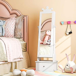 HONEY JOY Kids Jewelry Armoire Cabinet, 2-Angle Tilting Wooden Standing Jewelry Organizer with Full-length Mirror and Storage Drawers, Children Dress Up Jewelry Cabinet for Little Girls (White)