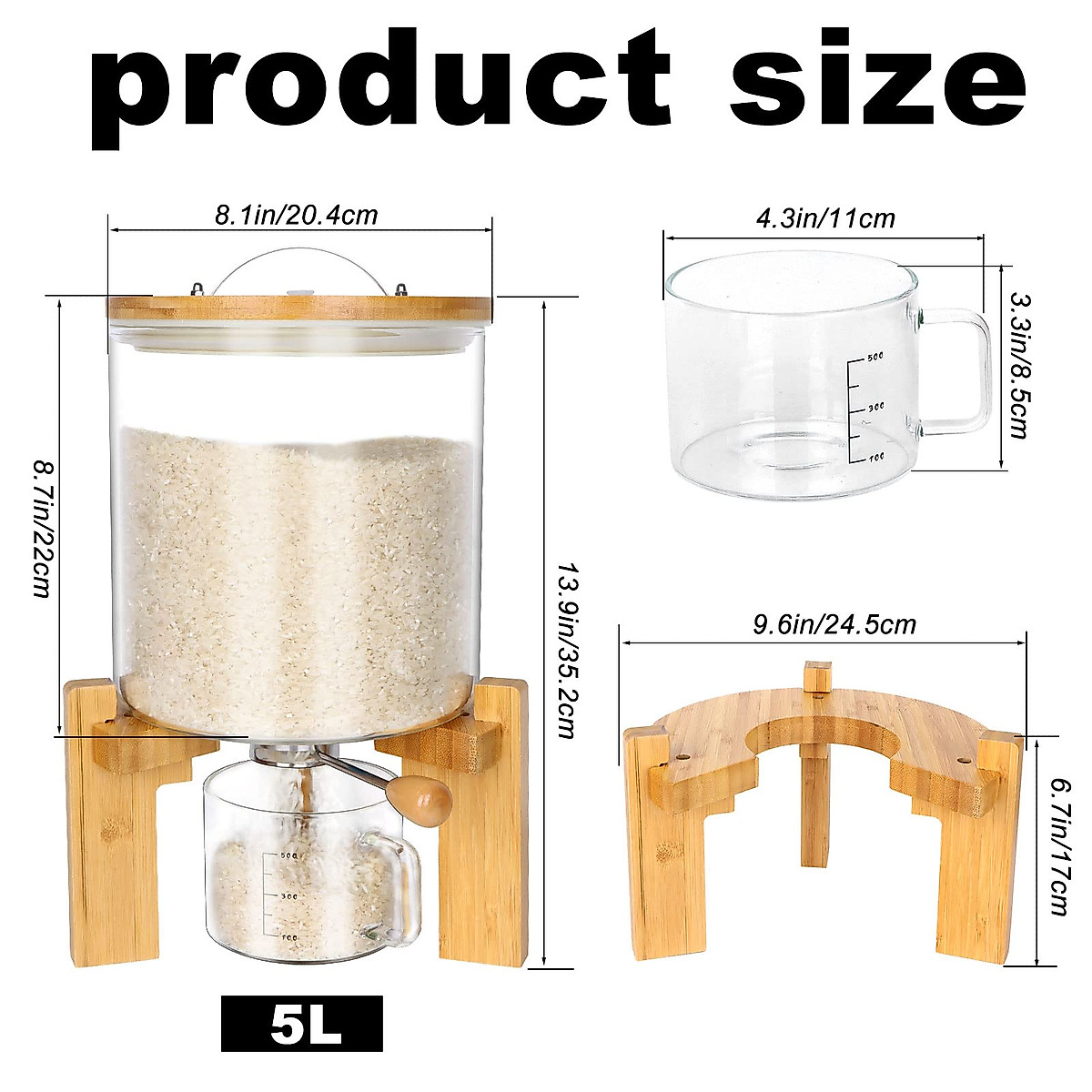 5L Glass Rice Dispenser Large Flour and Cereal Container Rice Storage Container with Airtight Lid,Wooden Stand&Measuring Cup,Clear Kitchen Food Jars Glass Food Storage Container for Organization