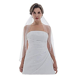 SAMKY 1T 1 Tier Pearls Crystals Beaded Wedding Veil V377 - Light Ivory Fingertip Length 36"