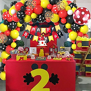 Cartoon Mouse Balloon Garland for Mouse Birthday Decorations - Mouse Balloons Arch with Confetti Polka Dots Balloons Red Black Yellow Balloon Arch Kit & Banners for Mouse Baby Shower Party Supplies