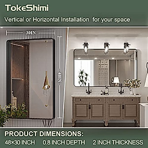 TokeShimi 48 x 30 Inch Wall Mirror Black Bathroom Vanity Mirror with Metal Frame Aluminum Alloy Soft Rounded Corner for Modern Farmhouse Wall Decor 1”Deep Set Design (Horizontal/Vertical)