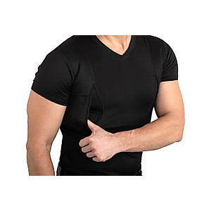 CCW Tactical Concealed Carry Holster Shirt | Secure Hook & Loop Pocket with Large Storage | All Season Moisture Wicking Compression Shirt | Mens V-Neck, Black XL