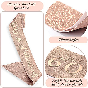 8pcs 60th Birthday Gifts Decorations for Women, Including 60th Happy Birthday Cake Toppers, Birthday Queen Sash with Pearl Pin, Sweet Rhinestone Tiara Crown, Number Candles and Balloons Set, Rose Gold