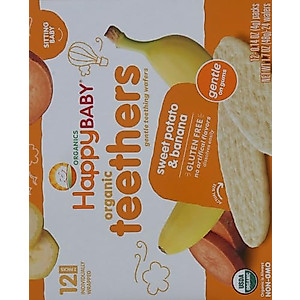 Happy Baby Gentle Teethers Organic Teething Wafers Banana Sweet Potato, Soothing Rice Cookies for Teething Babies Dissolves Easily Organic Gluten Free No Artificial Flavor,0.14 Ounce (Pack of 12)