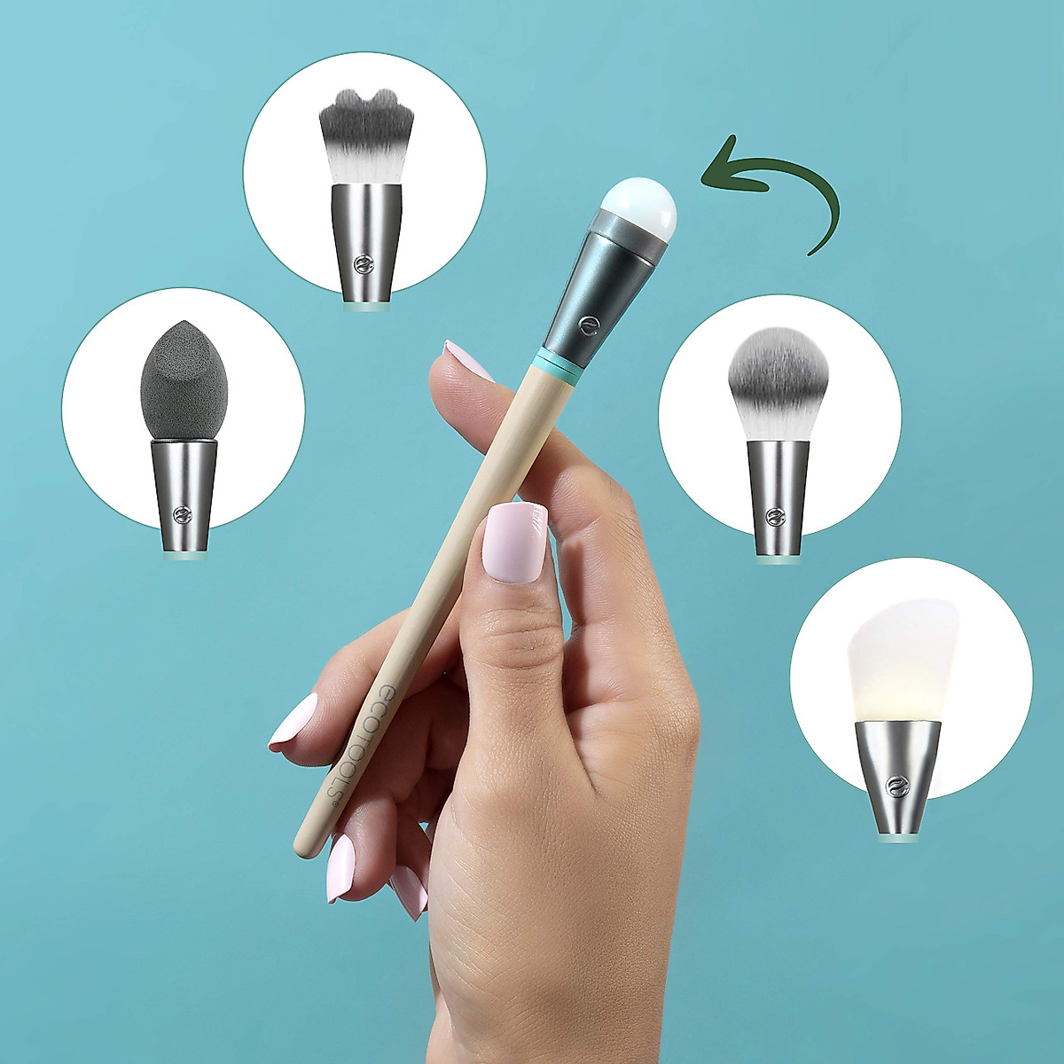 EcoTools Wake Up + Glow Interchangeables Makeup Brush Set with Case, With Beauty Blender Makeup Sponge, Silicone Applicator Face Mask Brush, Eye Roller Depuffer (Set of 6)