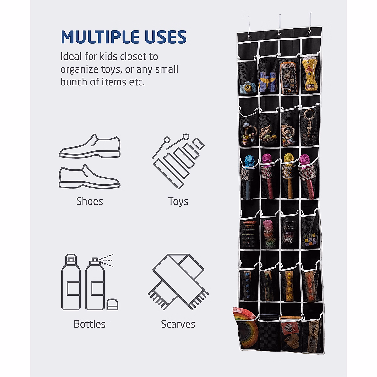 ZOBER Over The Door Shoe Organizer - 24 Breathable Pockets, Hanging Shoe Holder for Maximizing Shoe Storage, Accessories, Toiletries, Laundry Items. 64in x 18in