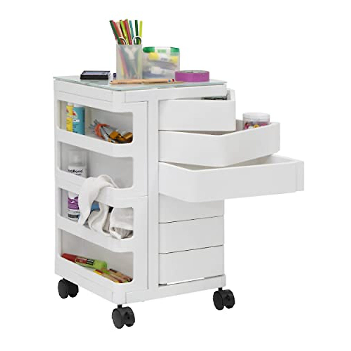 Kubx Rotating 4-Sided Mobile Storage Organizer with Glass Top Multiple Compartments